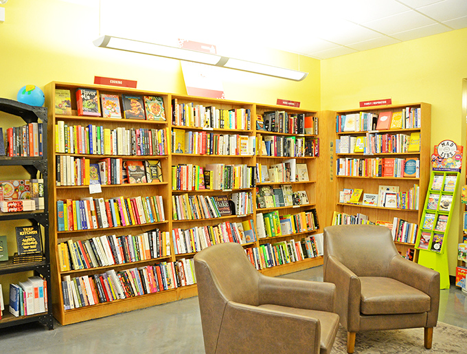 "Behold the wall of words! City Lit's shelves are a rainbow of reading possibilities. It's like a literary Tetris game, but way more fun."