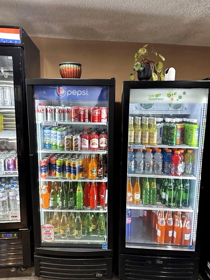 Thirst quenchers galore! From classic sodas to trendy health drinks, Lucinda's beverage selection is like a United Nations summit for your taste buds.