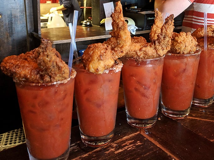 Bloody Marys that eat like a meal. These drinks come with a chicken garnish that's more like a co-star than a sidekick.