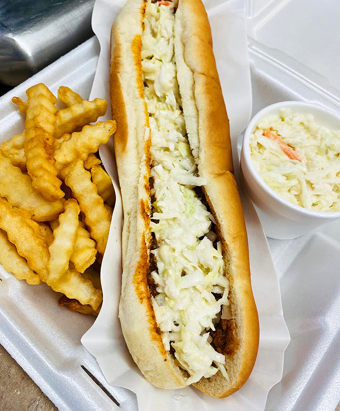 Foot-long slaw dog: Because sometimes, size does matter. It's the Godzilla of hot dogs, here to stomp all over your hunger pangs.