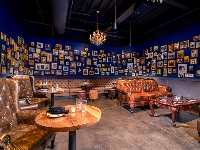 Leather, velvet, and secrets, oh my! This cozy nook is perfect for plotting world domination or just enjoying a killer Old Fashioned.