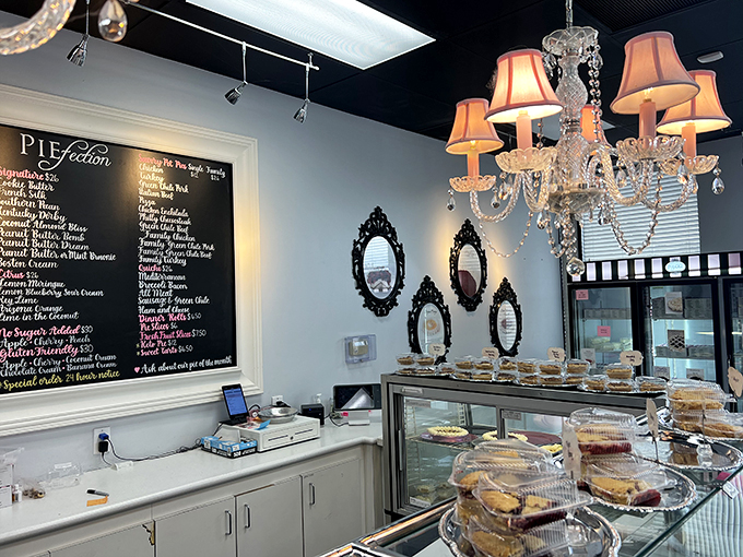 Chandeliers and pie cases: a match made in dessert heaven. It's like your grandmother's kitchen got a makeover from a pastry-loving interior designer.