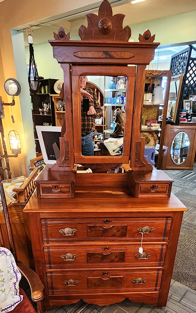 Mirror, mirror on the wall, who's the most vintage of them all? This eclectic collection of frames and furnishings is like a funhouse for antique lovers.