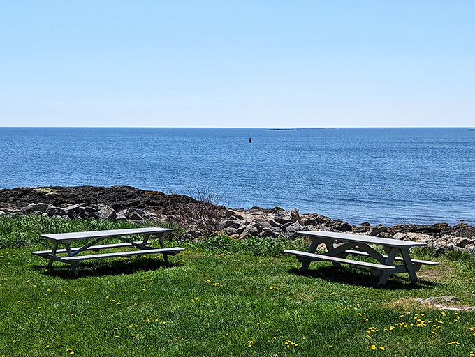 Picnic paradise: These tables offer front-row seats to nature's greatest show &ndash; the ever-changing Maine seascape.