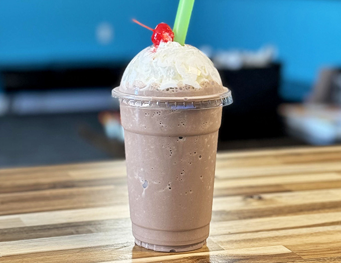 Milkshake or work of art? This creamy concoction topped with whipped cream and a cherry is basically dessert masquerading as a beverage. Sneaky!