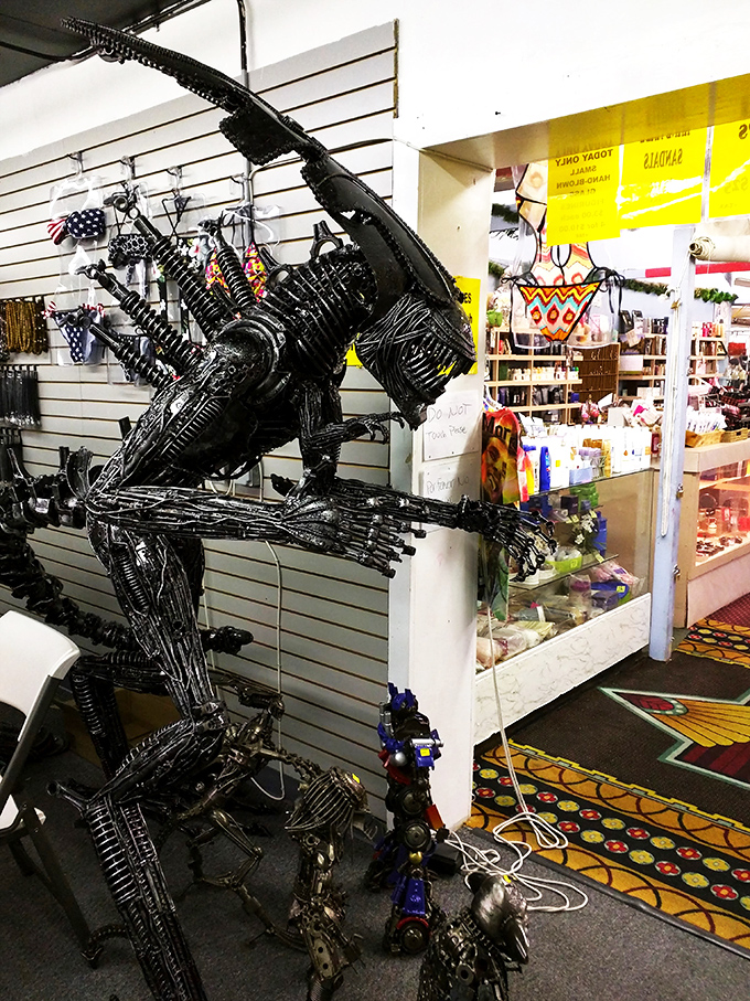 Jurassic spark in the swap meet! This metallic dino sculpture proves that even extinct creatures can find new life in the world of quirky decor.