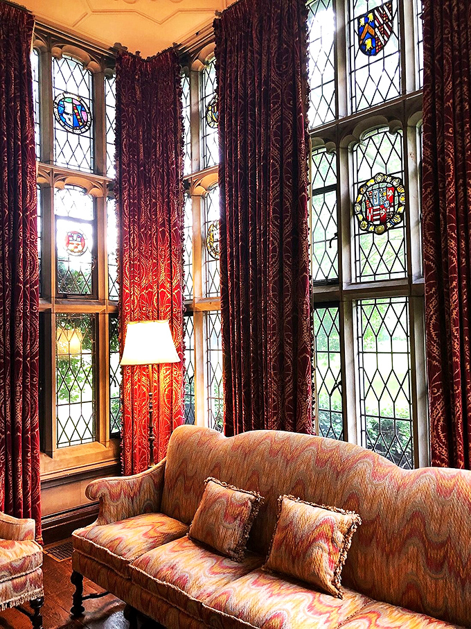 Stained glass and sumptuous drapes: because when you're a Ford, even your windows deserve couture. Talk about a room with a view!