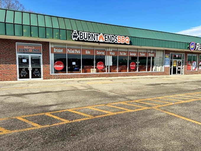Burnt Ends Barbecue: No-nonsense signage, serious BBQ business. It's like the Batcave, but for meat lovers!