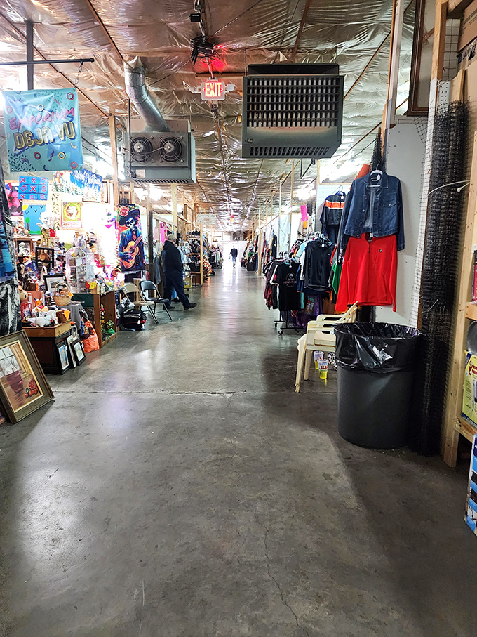 Long corridors of the Tri Cities Market showcase everything from vintage tees to classic DVDs, each aisle a new adventure.