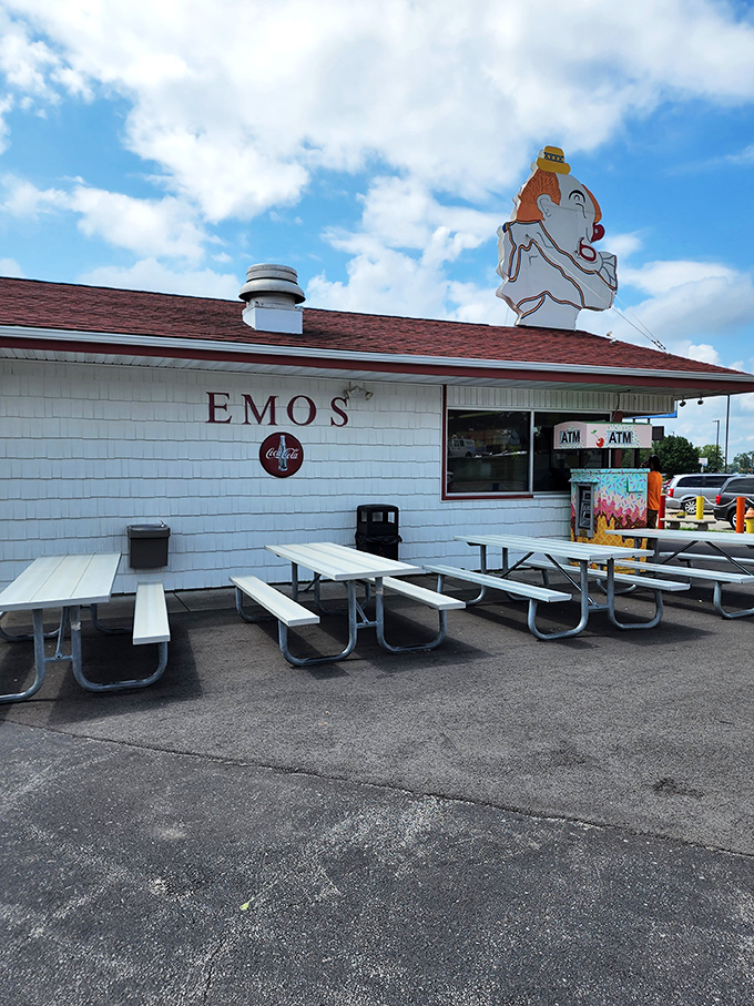 Ice cream with a side of nostalgia! Emo's classic look and cheery mascot promise a trip down memory lane, complete with sprinkles on top.