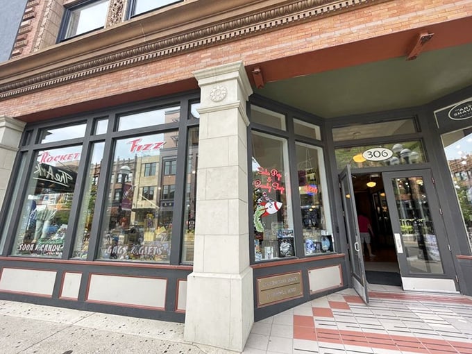 Soda pop paradise! Rocket Fizz's interior is a kaleidoscope of flavors, where bacon-flavored beverages coexist with classic arcade cabinets.