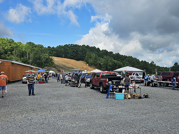 Tailgating meets treasure hunting! This parking lot paradise is where road trip dreams and bargain hunting collide in glorious harmony.