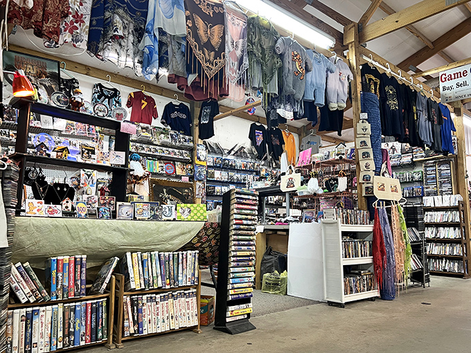 Merchandise hangs from every available space, creating an immersive shopping experience that rewards careful exploration.