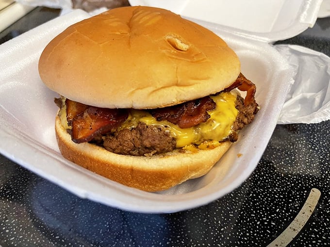 Bacon cheeseburger perfection! It's like a hug for your taste buds, wrapped in a warm, toasty embrace of beefy goodness.