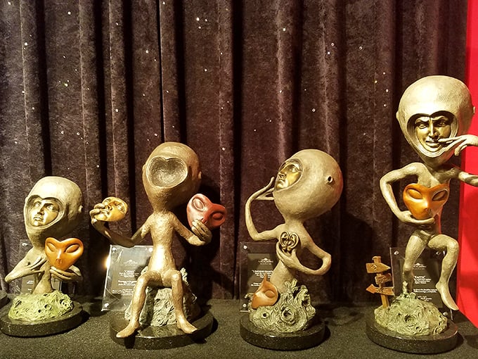 ET, phone home? These quirky golden figures look ready for their close-up &ndash; or perhaps an intergalactic adventure.