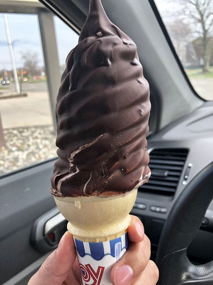 Chocolate-dipped dreams! This cone is wearing a tuxedo of rich, dark chocolate. Formal wear never tasted so good.