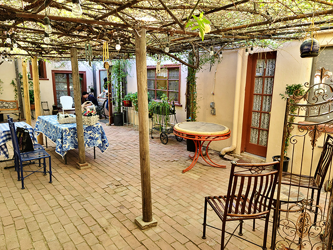 Al fresco dining, 1880s style! This charming patio would make even the toughest outlaw put down his guns for a spot of tea.