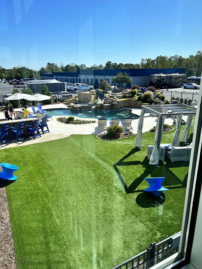 "Post-race cool down! After burning rubber, nothing beats making a splash in this oasis of relaxation."