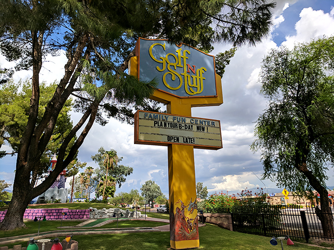 The siren call of fun! This retro sign beckons you to a world of family-friendly adventures and nostalgic thrills.