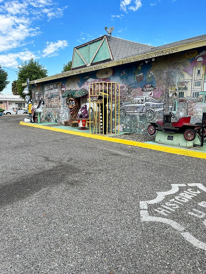 A mural that's more filling than a Quarter Pounder! This colorful facade serves up a visual feast of San Bernardino history with a side of Route 66 charm.