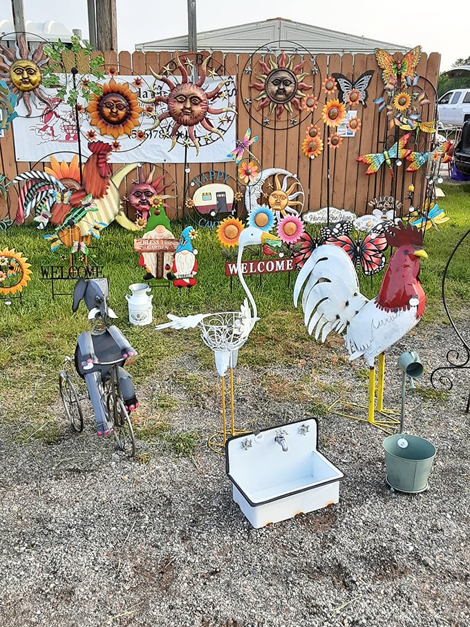 Welcome to the "Department of Quirky Lawn Ornaments"! From metal roosters to smiling suns, your garden's about to get a personality upgrade.