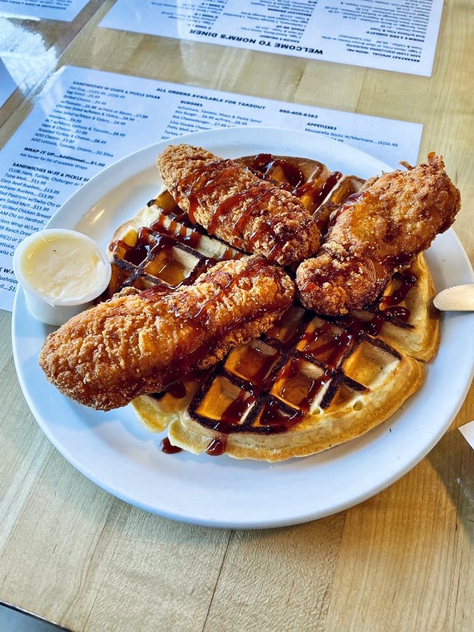 Why did the chicken cross the road? To meet this waffle, of course! A sweet and savory duet that'll have you crowing with delight.