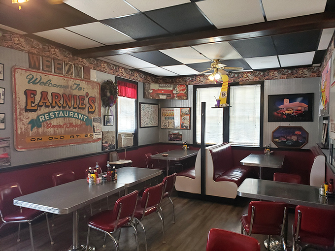 Slide into a booth and slide back in time. It's like dining in your cool grandpa's perfectly preserved man cave.