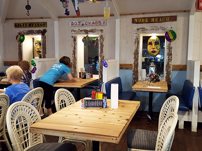 Where every seat tells a story! From "Split Tails" to "Nude Beach," these quirky signs are conversation starters served with a side of charm.