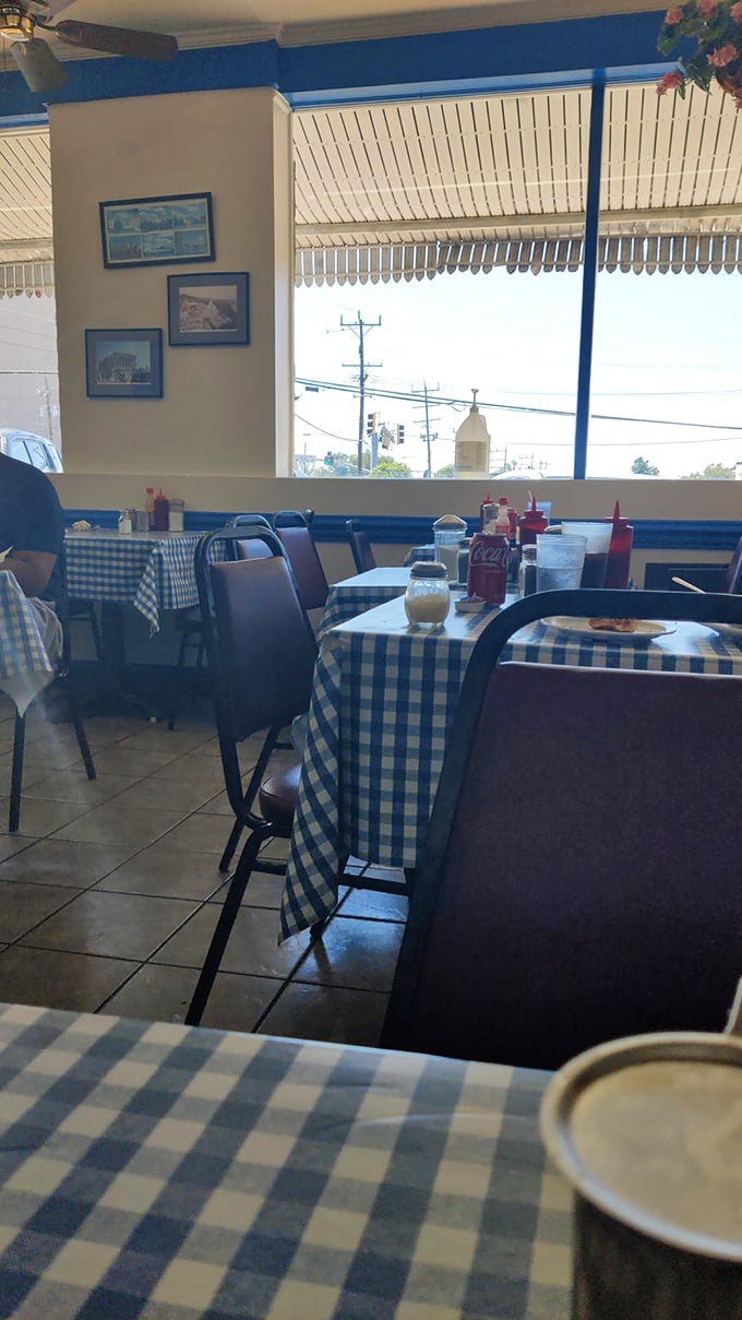 Blue-checkered bliss! Nick's dining area is like your grandma's kitchen, if grandma could cook for an entire neighborhood.