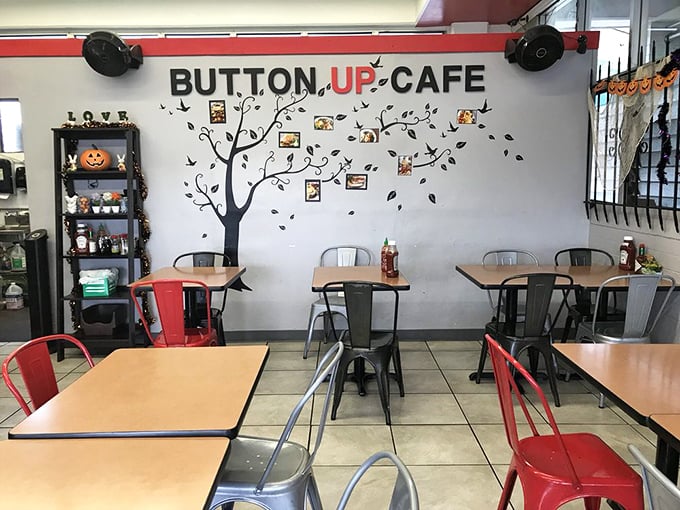 Dine under the watchful eye of the Button Up tree. It's like eating in an enchanted forest, but with better coffee.