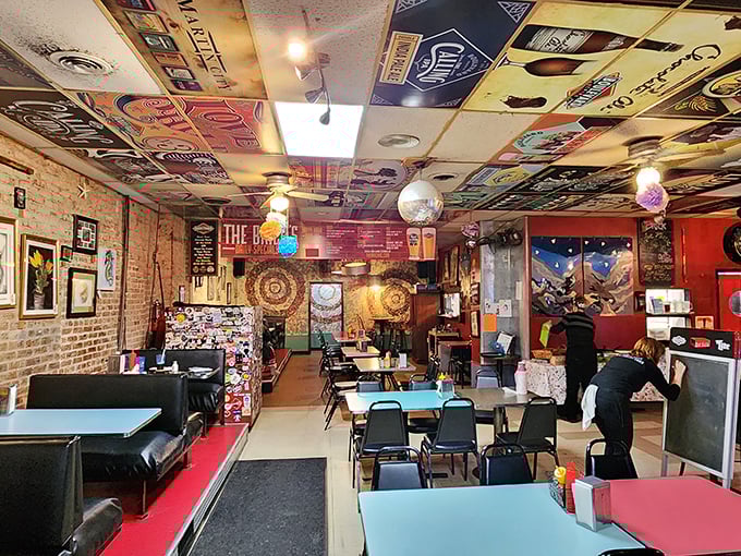 Where retro meets revelry! The Brick's dining area is a nostalgic journey through pop culture, with every ceiling tile telling a story.