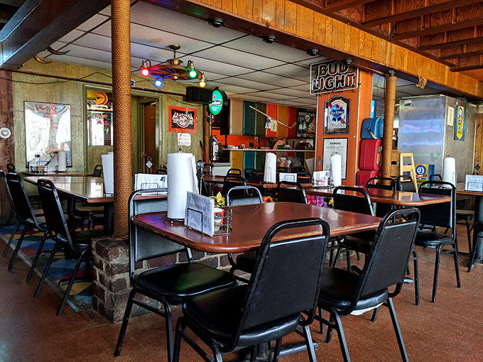 Pull up a chair and stay awhile. This dining area is as cozy as your grandma's living room, but with better chicken.