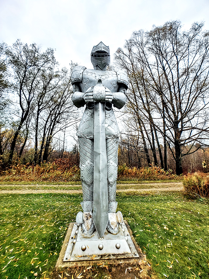 Sir Lancelot's long-lost cousin? This stoic knight stands guard, ready to protect visitors from dragons, evil wizards, or overpriced gift shop souvenirs.