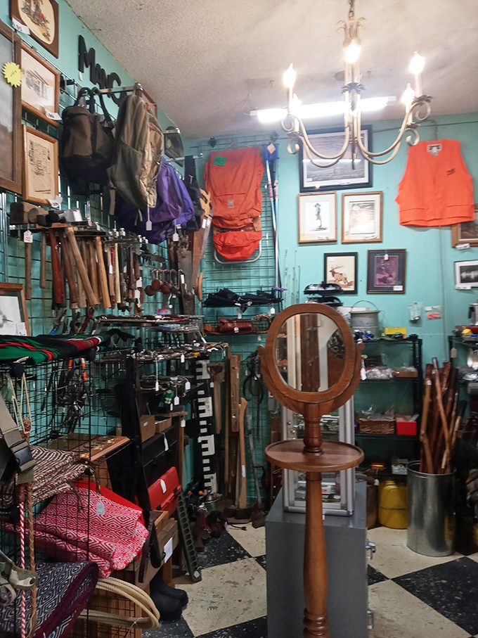 Tools of the trade! From vintage vests to well-worn walking sticks, this corner is a DIY enthusiast's dream come true.