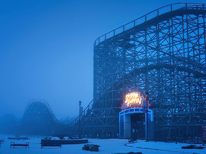 Even Jack Frost can't resist the Zippin Pippin's charm. This winter wonderland scene proves thrills know no season in Green Bay.