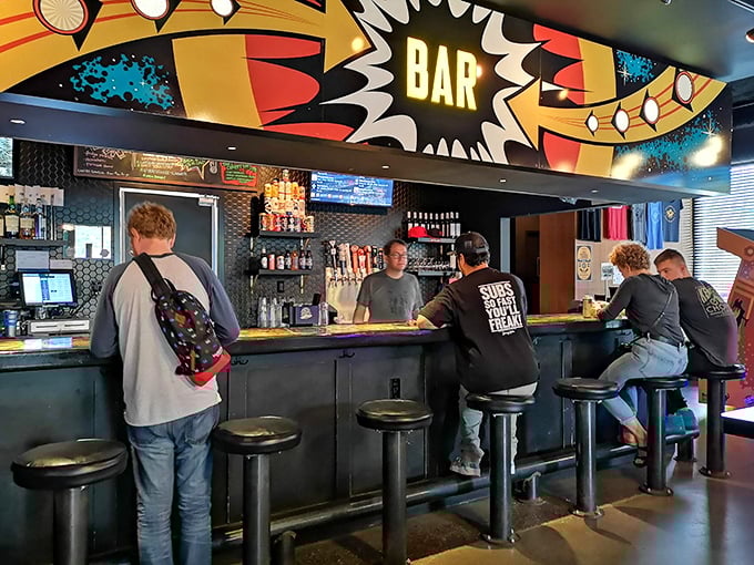 The bar: where liquid courage is dispensed to help you face the intimidating world of high scores and tilts.