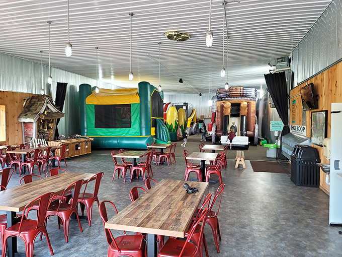 "Bounce house bonanza! Who says barns are just for hay? This indoor play area is where farm fun meets modern-day entertainment. Parents, prepare for some peace and quiet!"