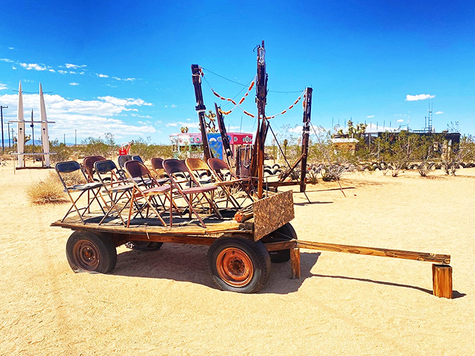The world's most unconventional carpool! This wacky wagon of chairs is ready to take you on the ride of your artistic life.