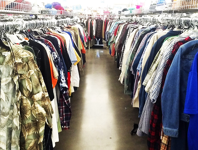 A rainbow of recycled fashion awaits. It's like a time machine where every era's style is just a hanger away.