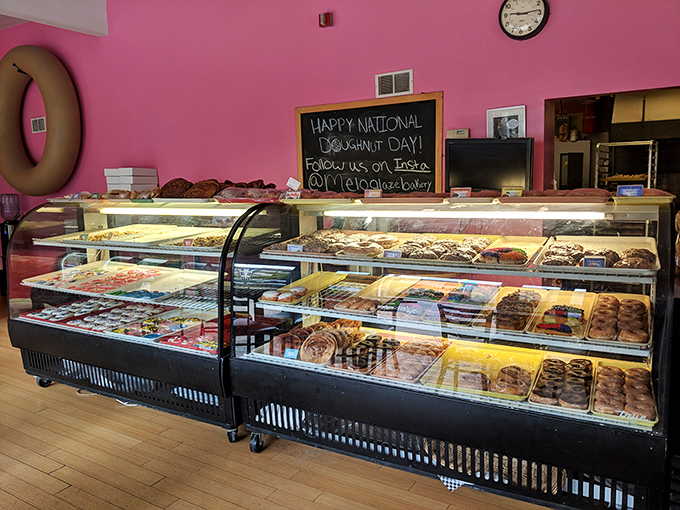 The gateway to gastronomic bliss! This counter is where hopes and dreams are fulfilled, one donut at a time. It's like the pearly gates, if heaven were made of frosting.