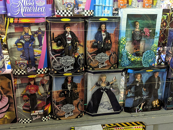 Barbie's dream flea market! This collection of dolls spans decades of fashion, from classic elegance to biker chic. It's like a tiny time capsule of American pop culture.