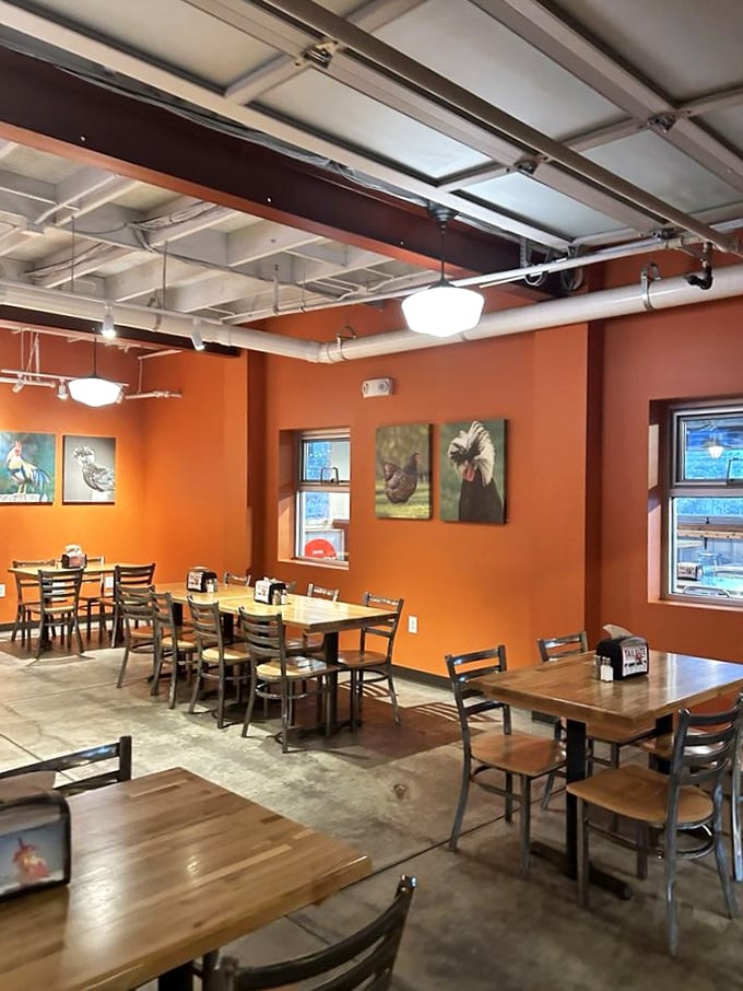 Welcome to the chicken chapel! With its warm hues and quirky decor, dining here feels like being part of a secret society dedicated to the worship of poultry.