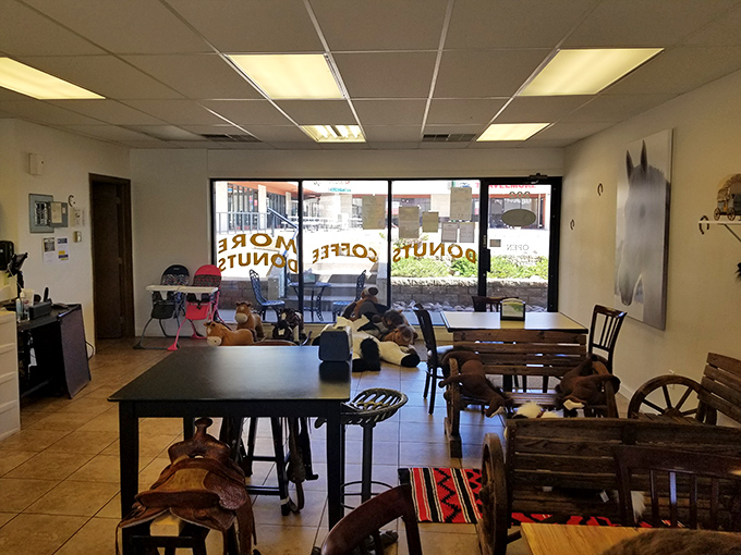 Saddle up and stay awhile! The cozy interior invites you to linger over coffee and donuts. It's the perfect place for a sugar-fueled pow-wow.