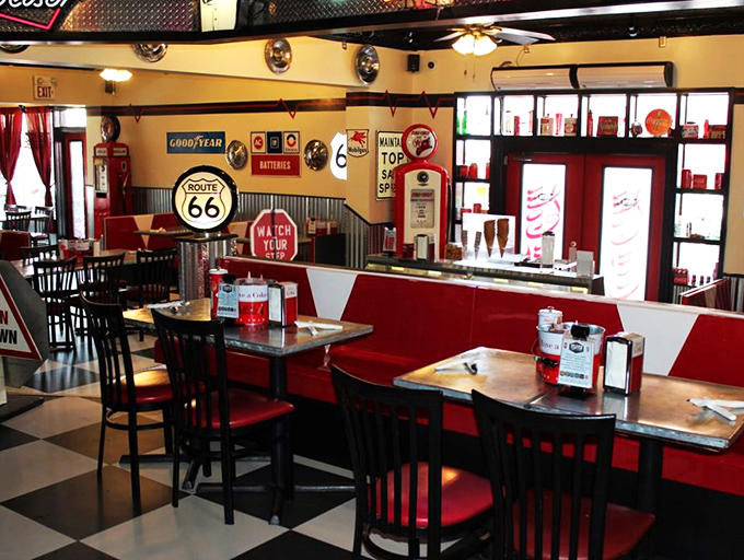 Diner d&eacute;cor that's more authentic than my high school girlfriend's excuses. Every nook and cranny screams "America!" louder than a bald eagle at a fireworks show.