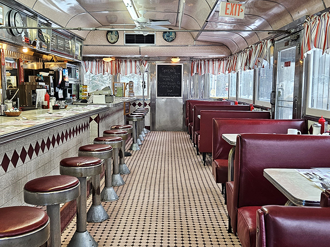 Welcome to the land of chrome and dreams. This diner interior is serving up nostalgia by the plateful.
