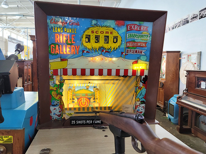 Annie Oakley, eat your heart out! This vintage shooting gallery is a carnival of Americana, challenging your aim and transporting you to a simpler time of county fairs and cotton candy.