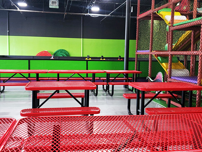 After all that bouncing, refuel at these cheery tables. They're perfect for birthday cake or catching your breath.