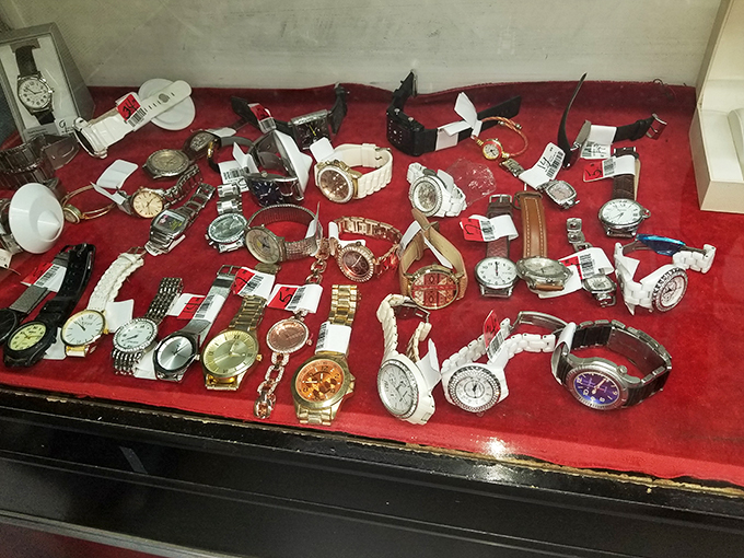 Time stands still in this watch display. It's like a wrist-worn history lesson, from grandpa's pocket watch to that neon '80s nightmare.