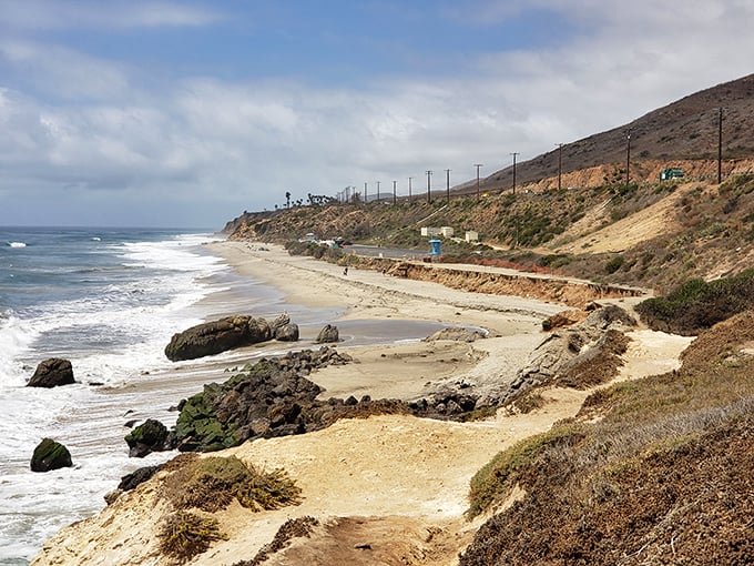 Stunning views along the coast at Leo Carrillo State Park. The rugged Malibu cliffs meet the beautiful Pacific Ocean.