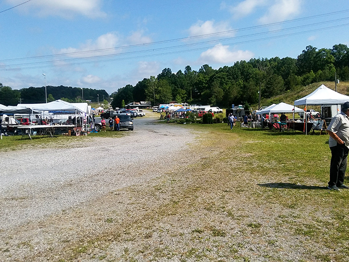 Gravel paths wind between vendor tents at Log Cabin Flea Market, creating an authentic countryside shopping experience.